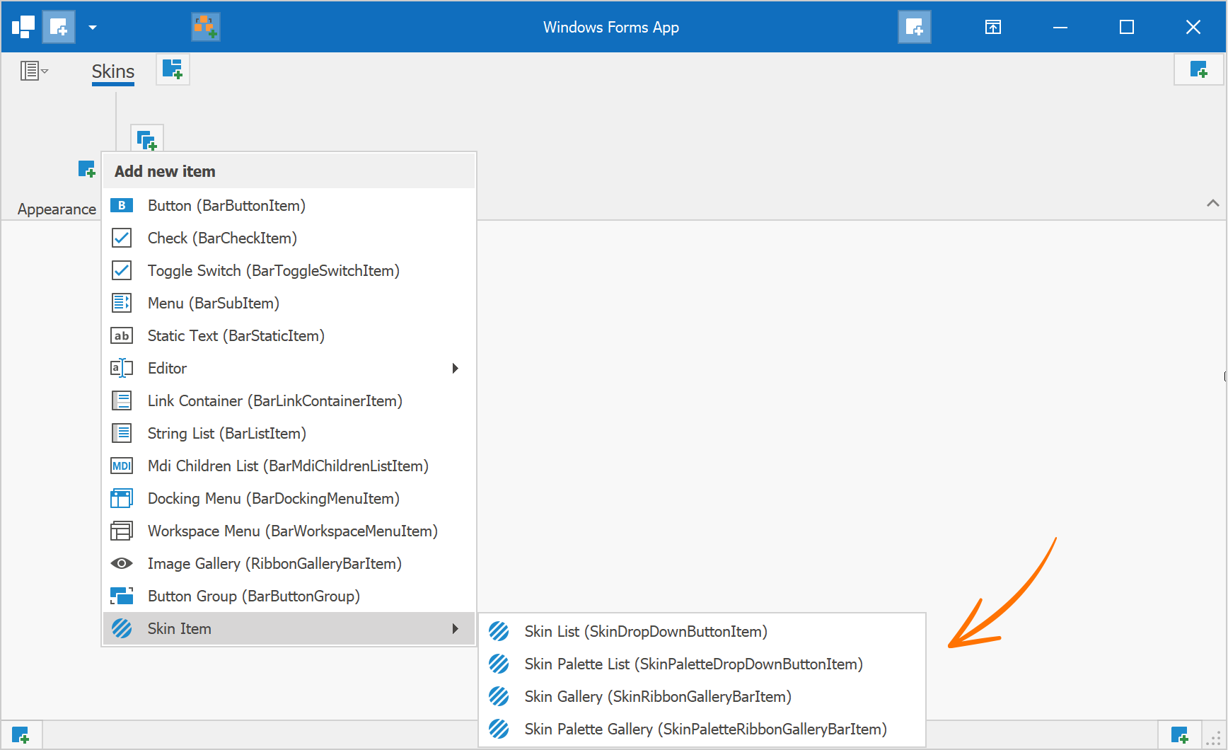 Add and Customize the Ribbon Skin List and Skin Gallery | WinForms ...